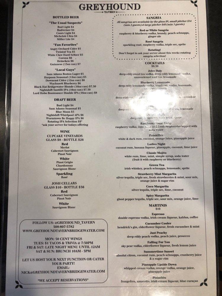 Menu at Greyhound Tavern pub & bar, Bridgewater
