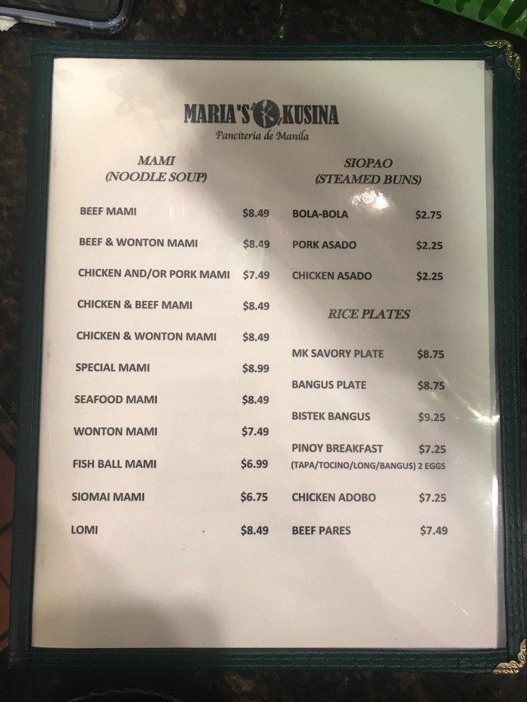 Menu at Maria's Kusina restaurant, Buena Park