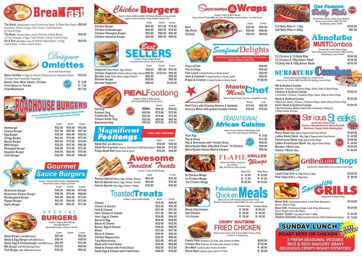 Menu at Sonic Roadhouse restaurant, Vereeniging