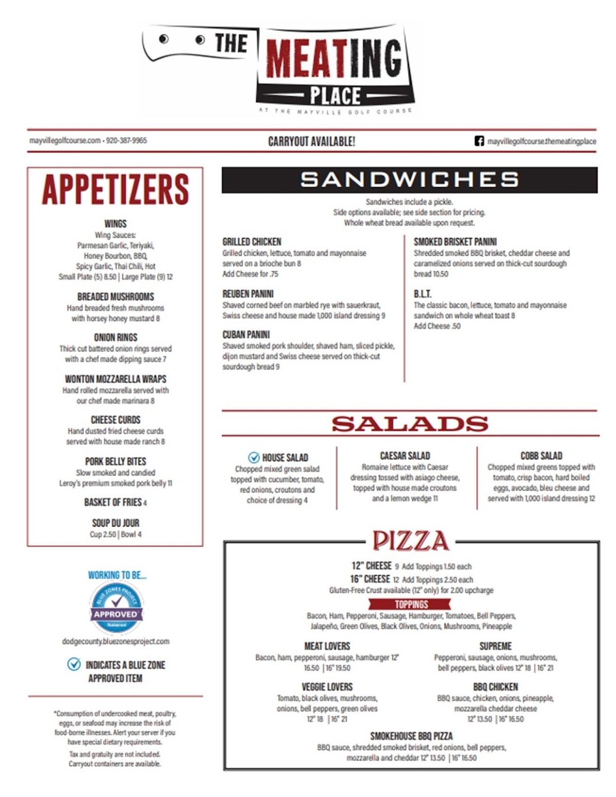 Menu at The Meating Place pizzeria, Mayville