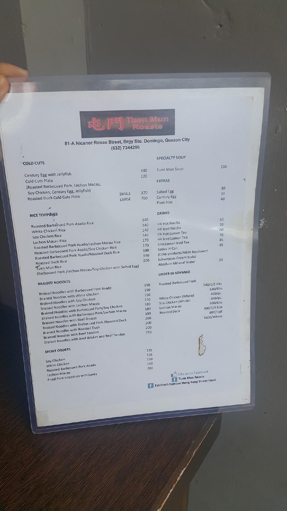 Menu at Tuen Mun Roasts restaurant, Quezon City