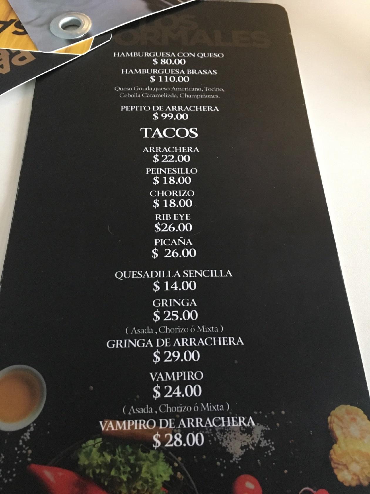 Carta del restaurante Brasas y Carne, Zapopan