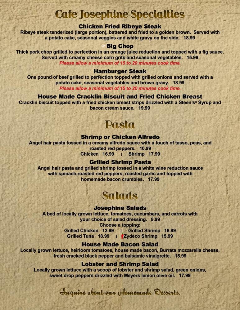 Menu at Cafe Josephine, Sunset