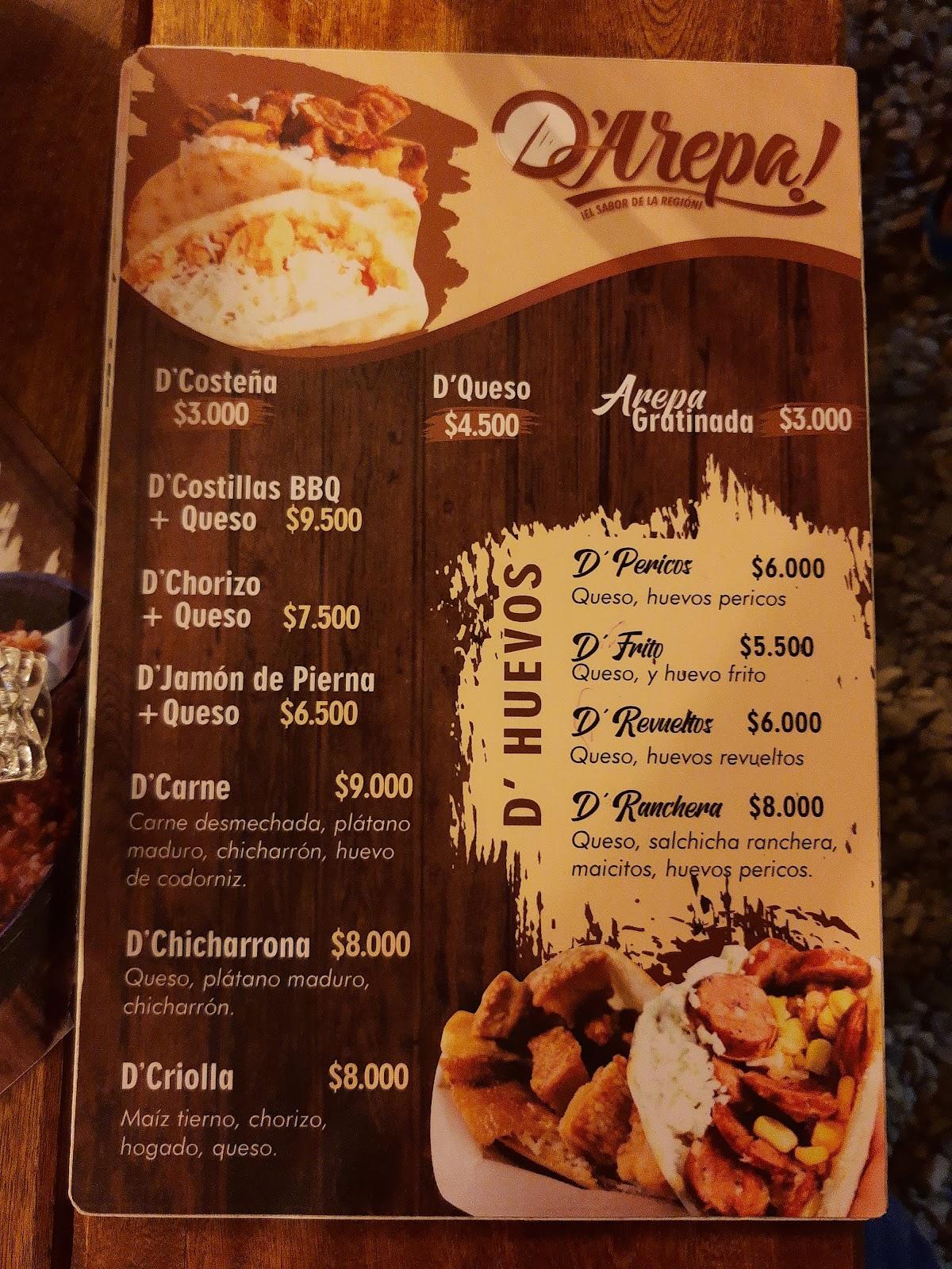 Carta del restaurante D'Arepa, el sabor del la región, Yopal