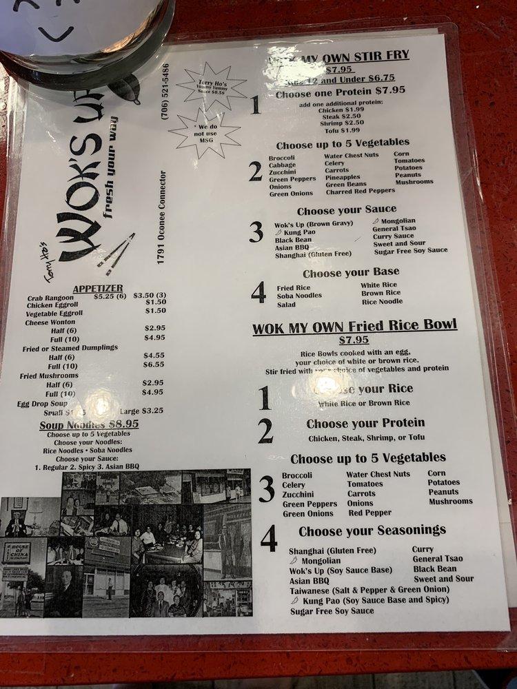 Menu at Wok's Up restaurant, Athens, Oconee Connector #470