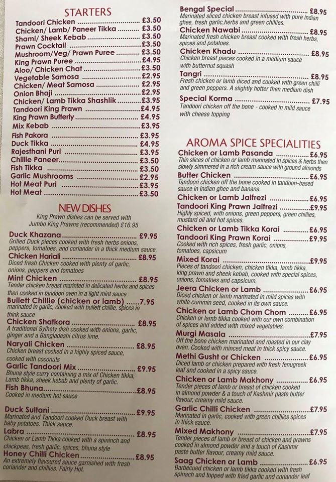 Menu at Aroma spice restaurant, Leicester