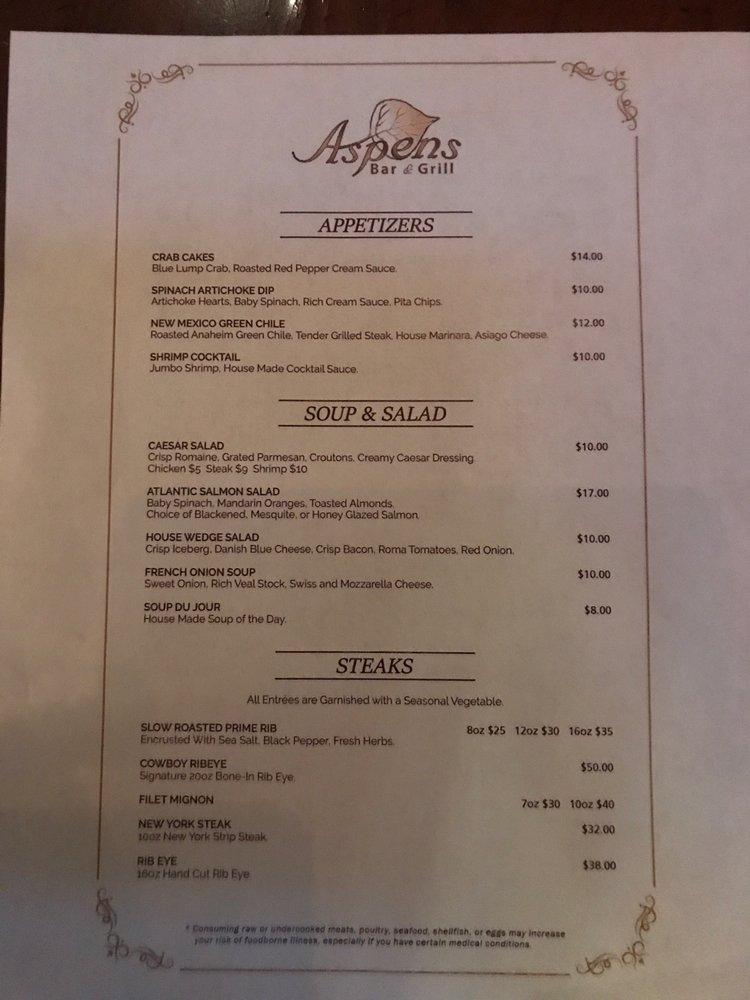 Menu at Aspens Bar & Grill, Elko, Idaho St