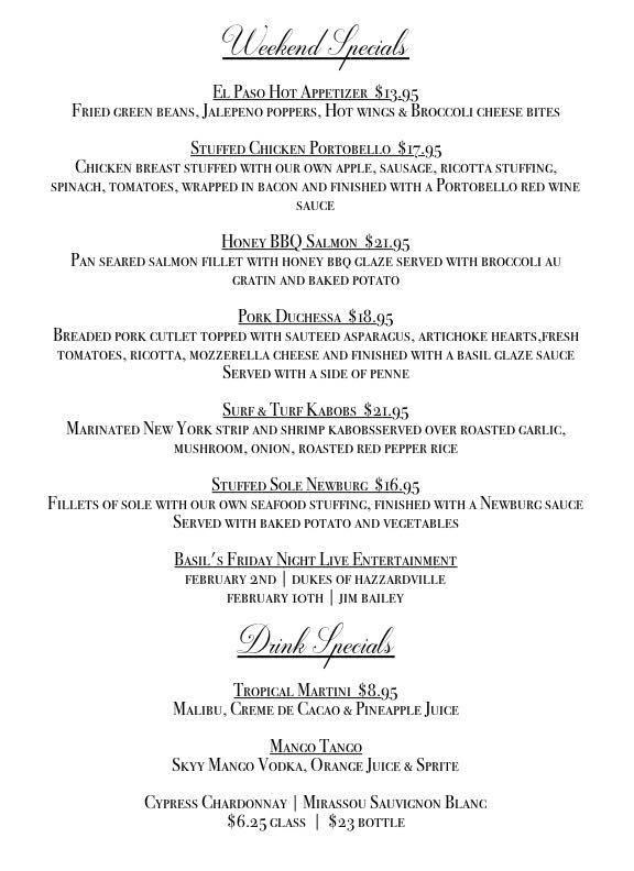 Menu at Basil's Restaurant, Stafford