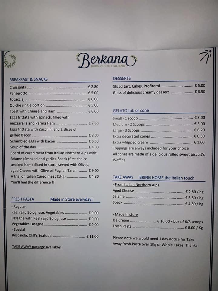 Menu at Berkana Bakery, Waterford