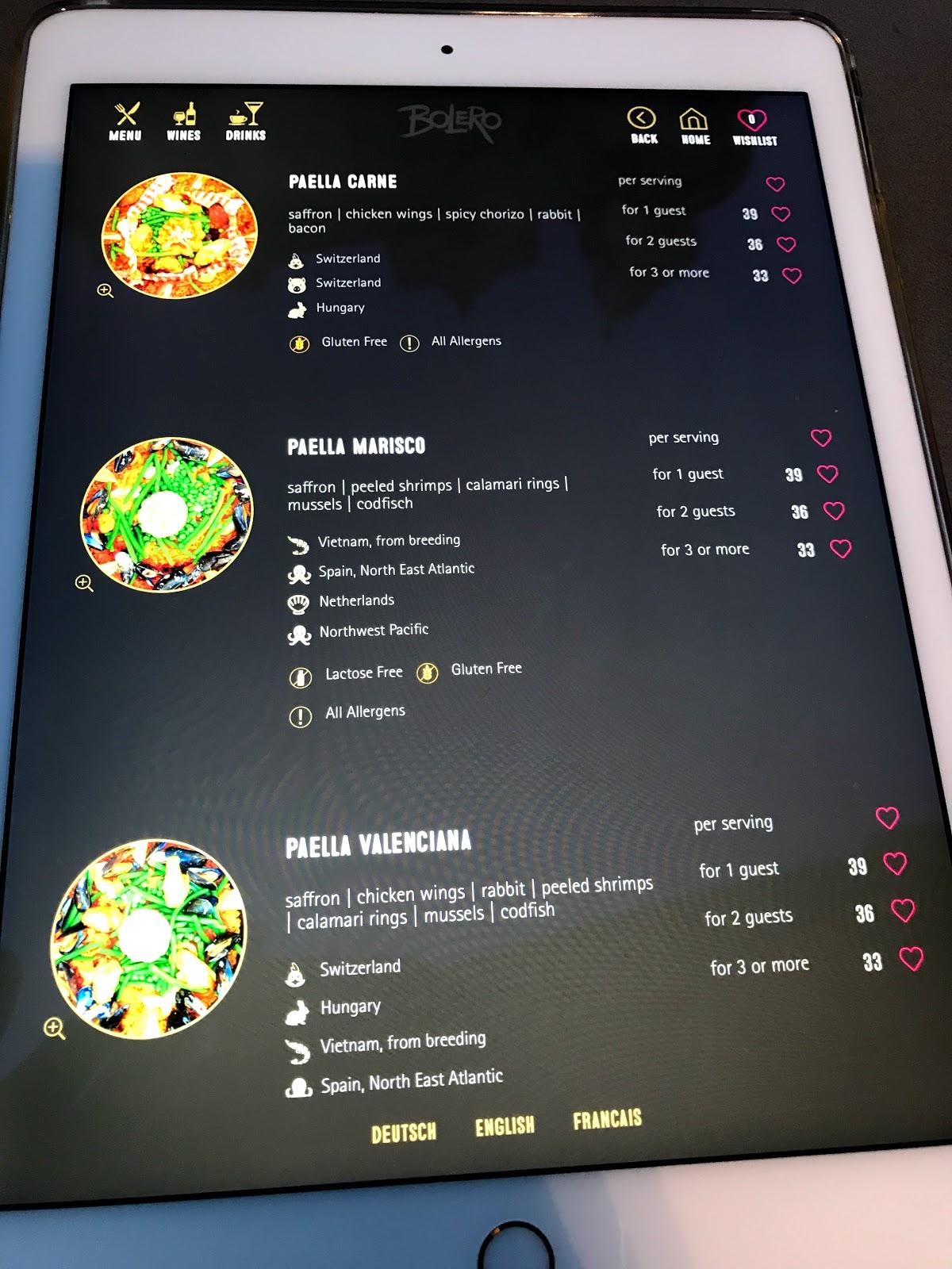Menu at Bolero, Lucerne