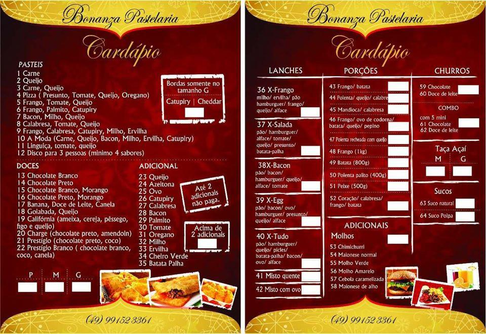 Menu at Bonanza Pastelaria restaurant, Tangará