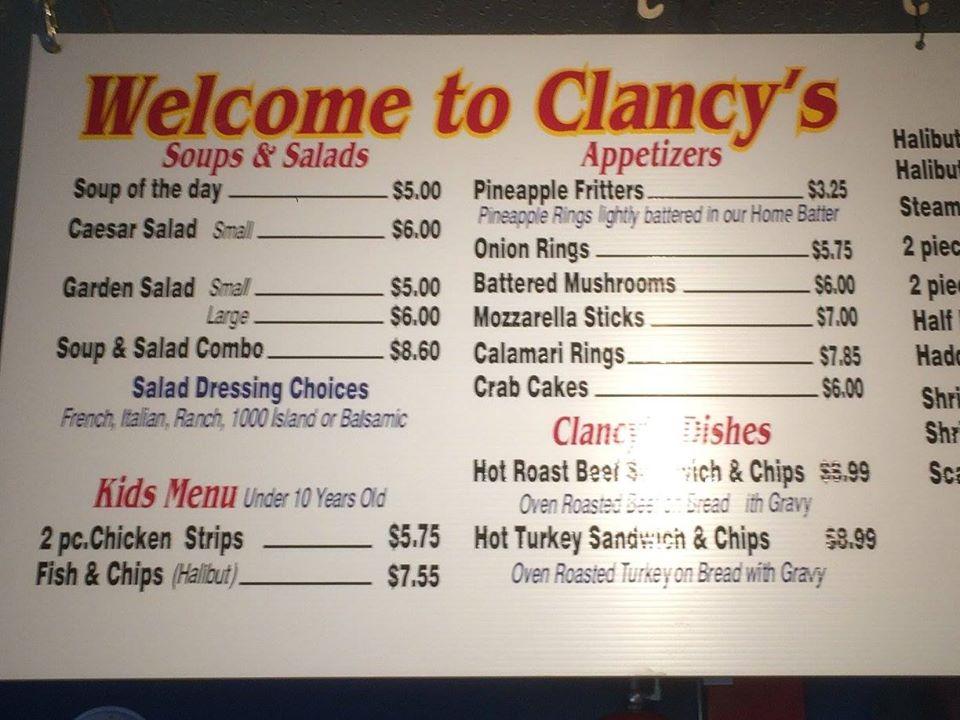 Menu at Clancy's Fish And Chips restaurant, East Gwillimbury