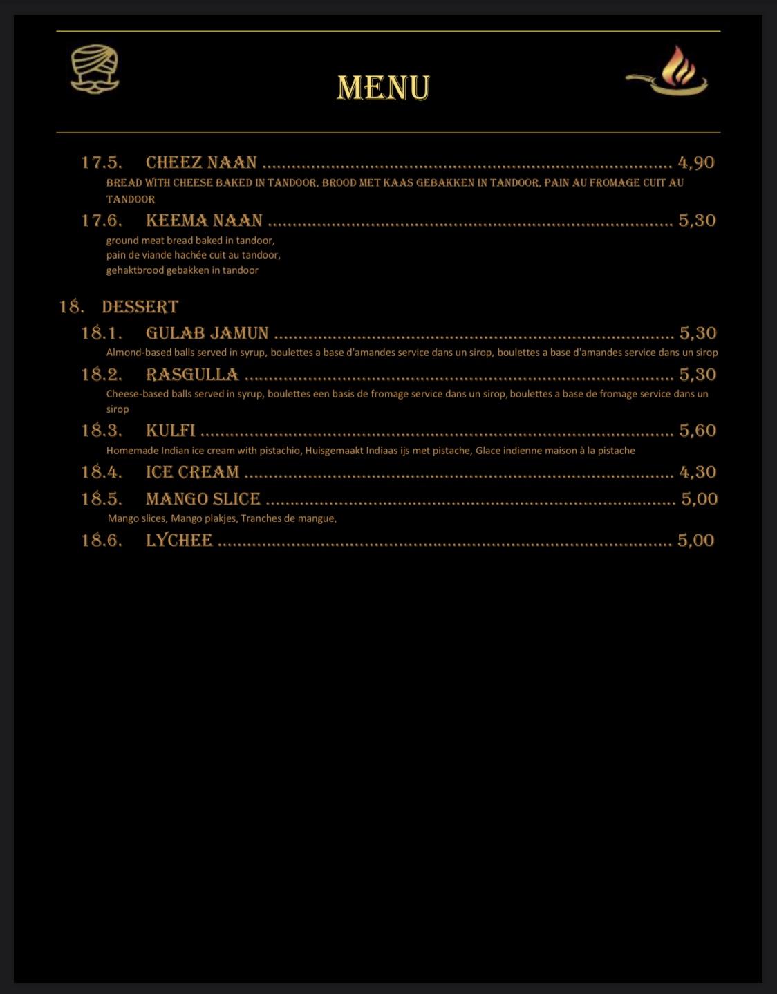 Menu at Curry Masala, Mechelen