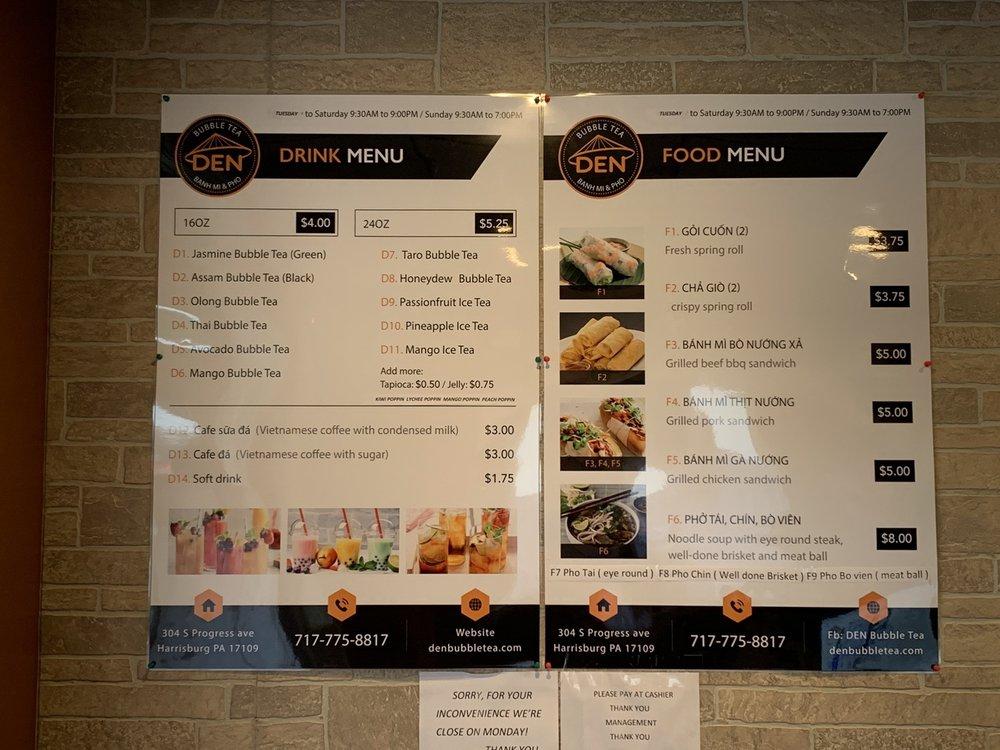 Menu at DEN Bubble Tea - Banh Mi - Pho restaurant, Harrisburg