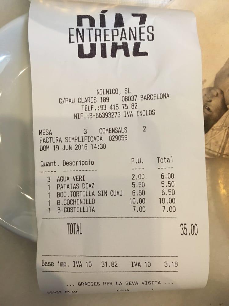 Carta del pub y bar Entrepanes Diaz, Barcelona