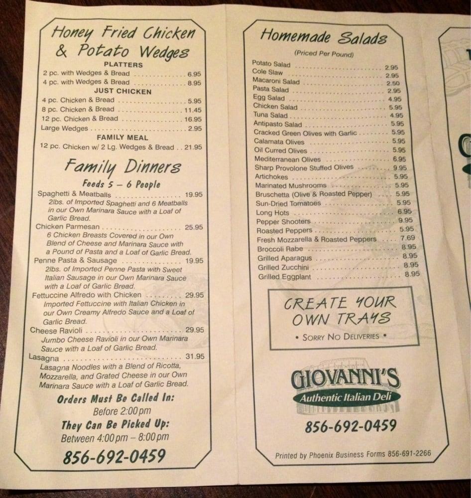 Menu at Giovanni's Italian American restaurant, Vineland