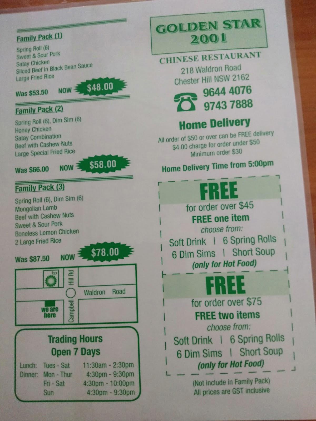 Menu at Golden Star 2001 Chinese Restaurant, Chester Hill