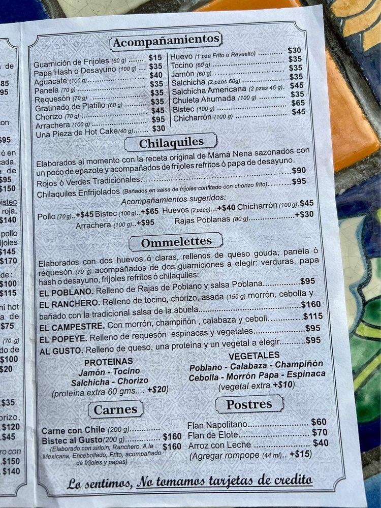 Menu at Hacienda Mamá Nena restaurant, Jarretaderas