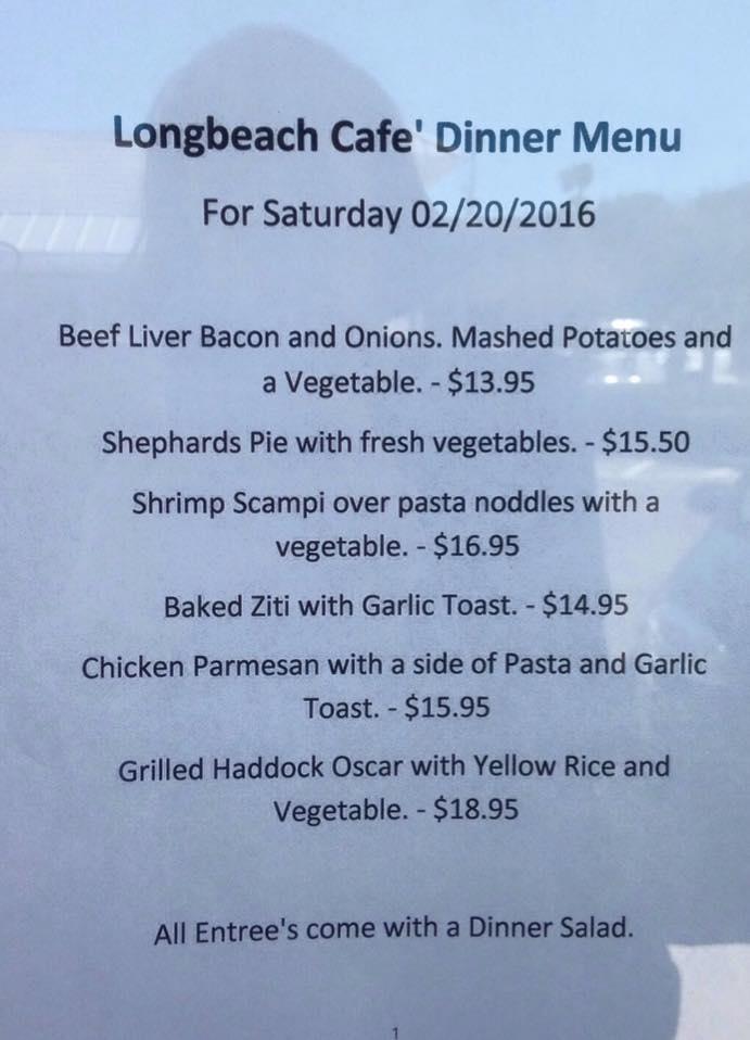 Menu at Longbeach Cafe, Longboat Key