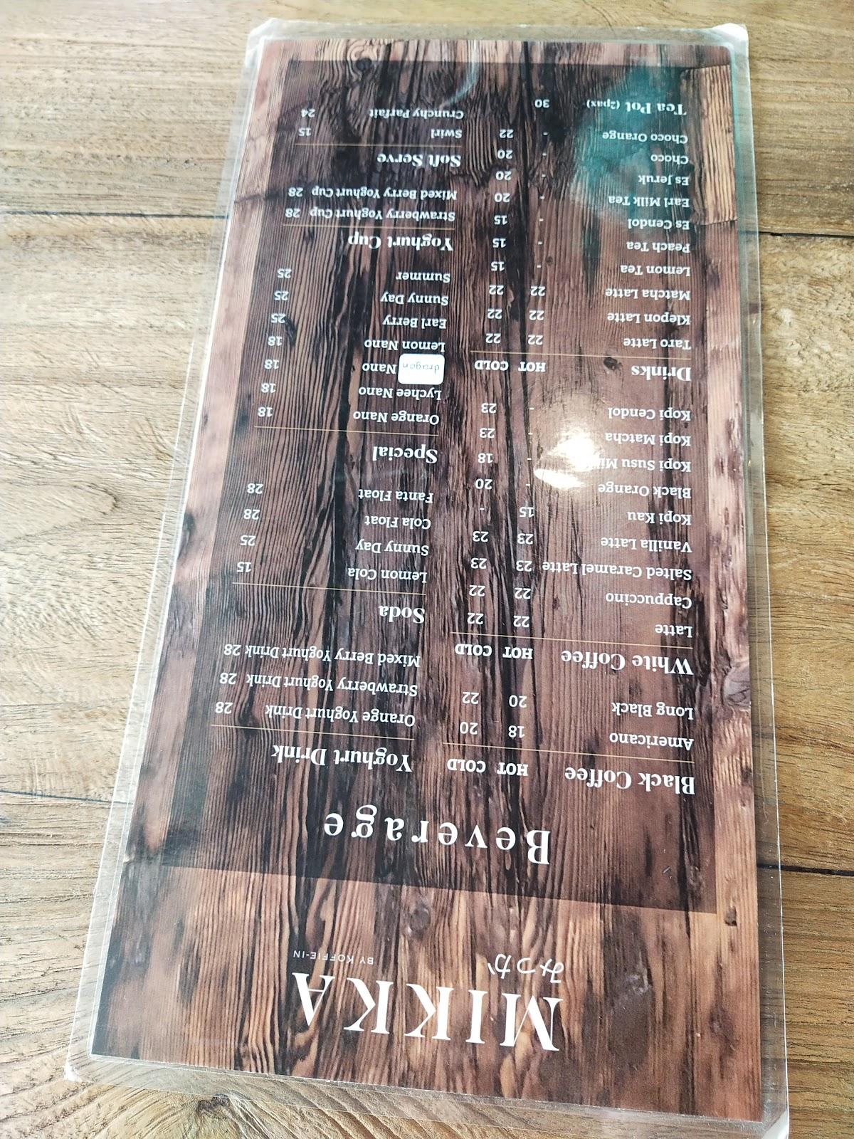 Menu at Mikka Eatery cafe, Raya River
