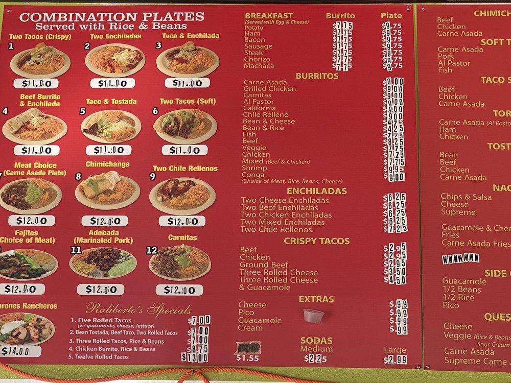 Menu at Raliberto's Taco Shop restaurant, Chico