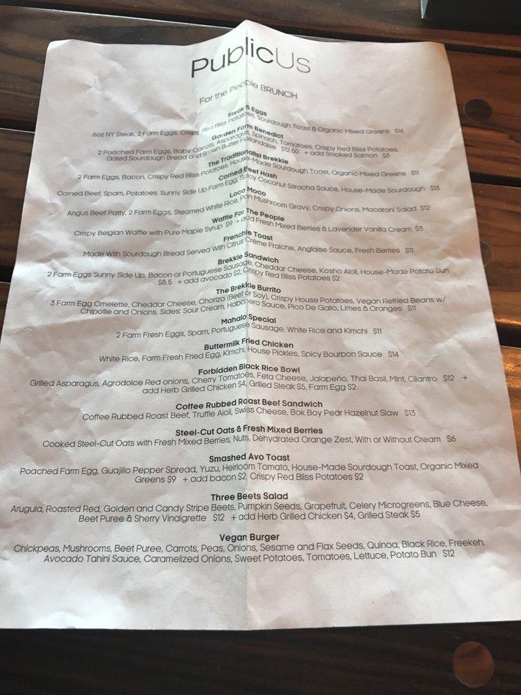 Menu at PublicUs, Las Vegas