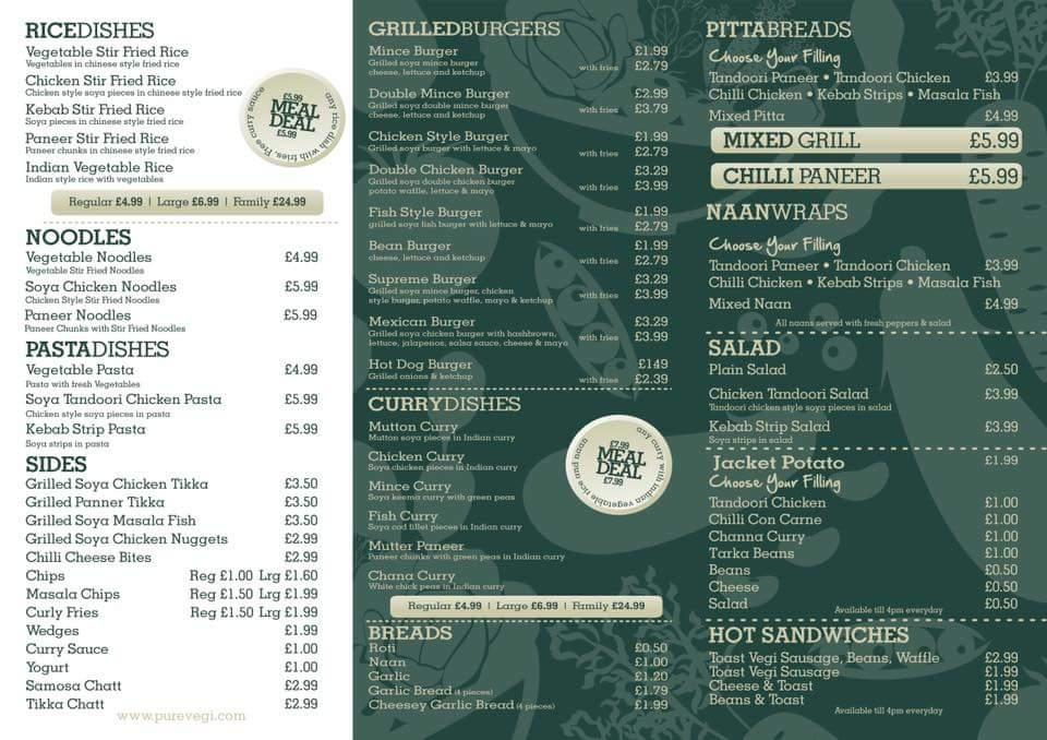 Menu at Pure Vegi restaurant, Birmingham