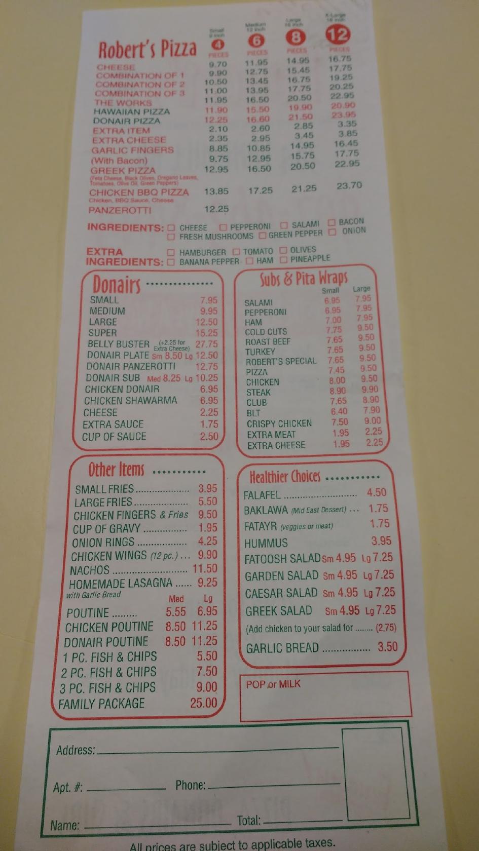 Menu at Robert's Pizza Donairs & Subs pizzeria, Dartmouth