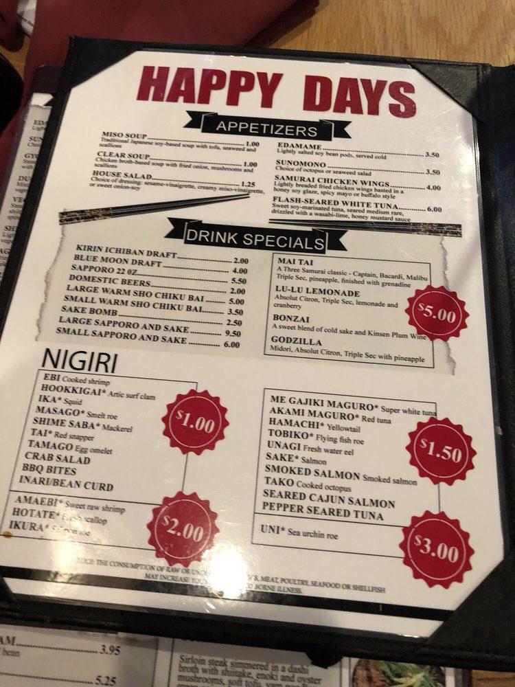 Menu at Three Samurai Japanese Restaurant, Coralville