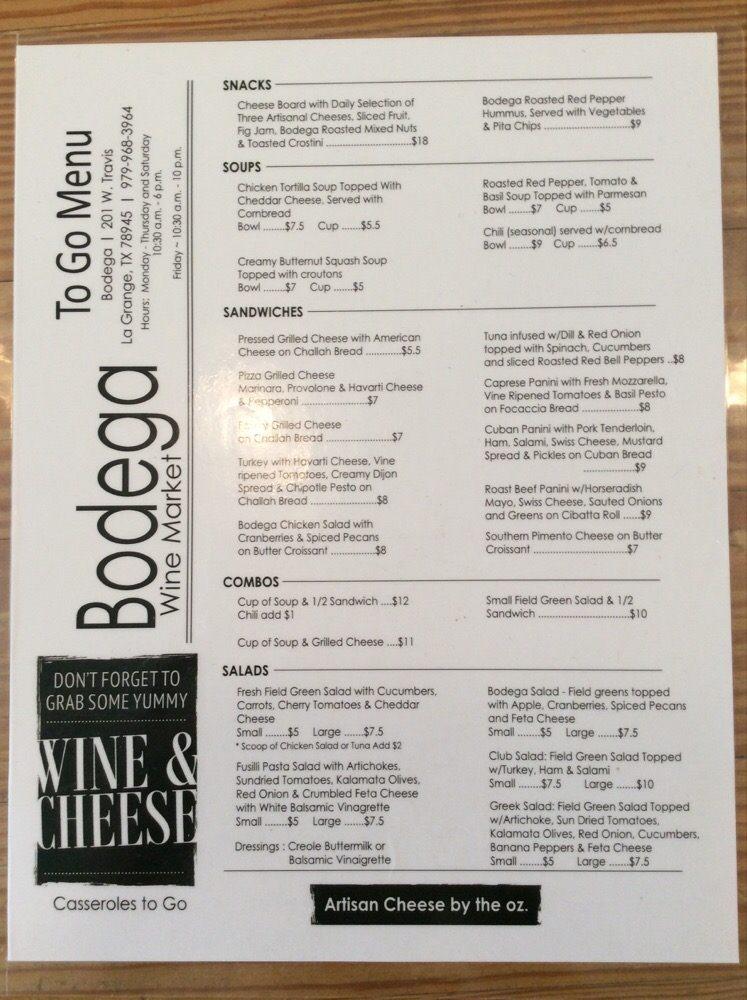 Menu at Bodega pub & bar, La Grange