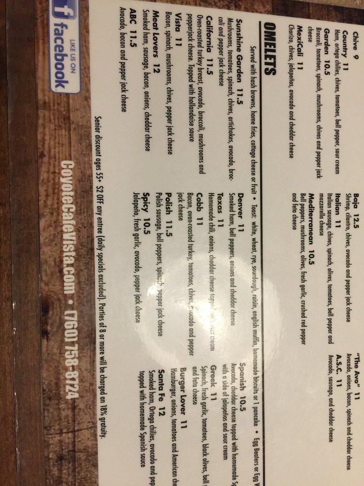 Menu at Coyote Cafe, Vista