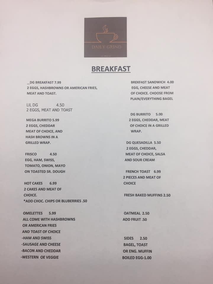 Menu at Daily Grind cafe, Mio