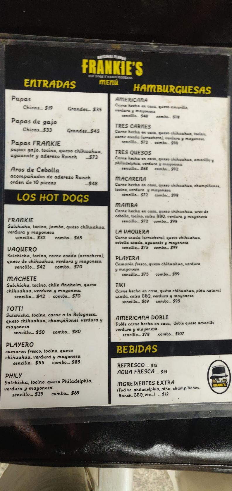 Menu at Franks Burguers restaurant, Mazatlán