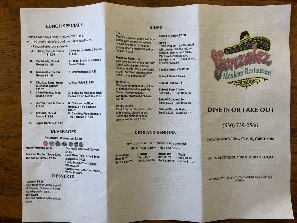 Menu at Gonzalez Mexican Restaurant, Willow Creek, CA-299