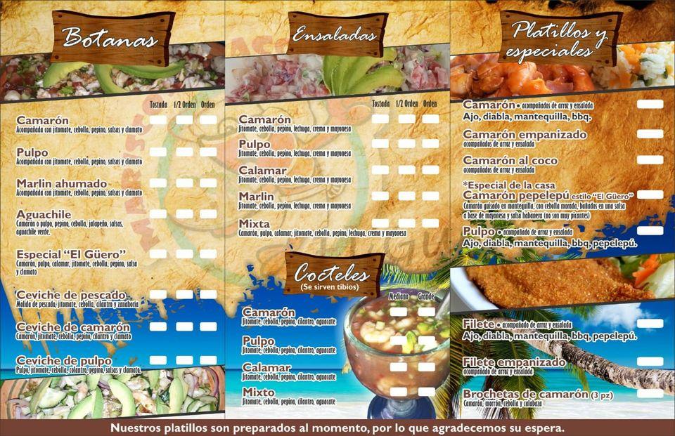 Menu at Mariscos El Güero restaurant, Etzatlán