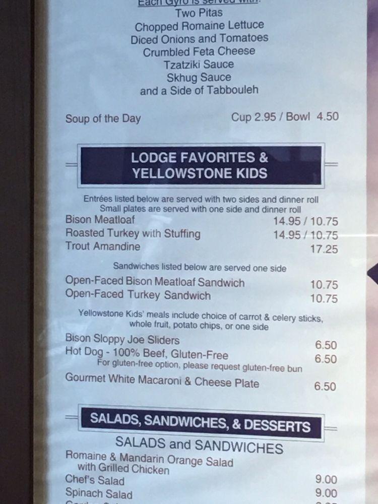 Menu at Old Faithful Lodge Cafeteria & Bakery, Yellowstone National Park