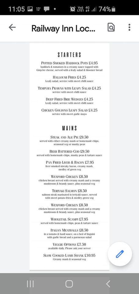 Menu at Railway Inn Selston restaurant, Selston