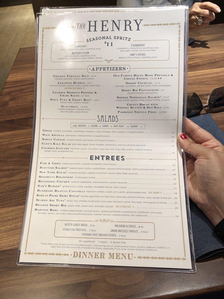 Menu at The Henry restaurant, Coronado