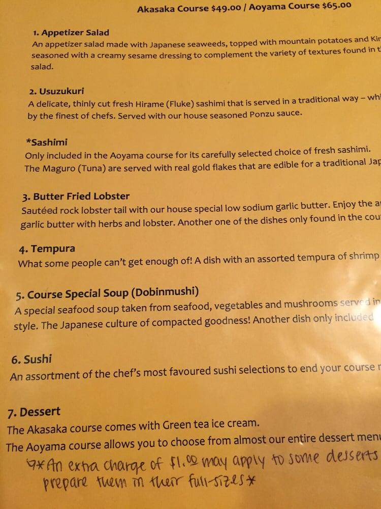 Menu at Aoyama restaurant, Toronto