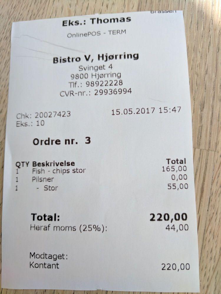 Menu at Bistro V restaurant, Hjørring