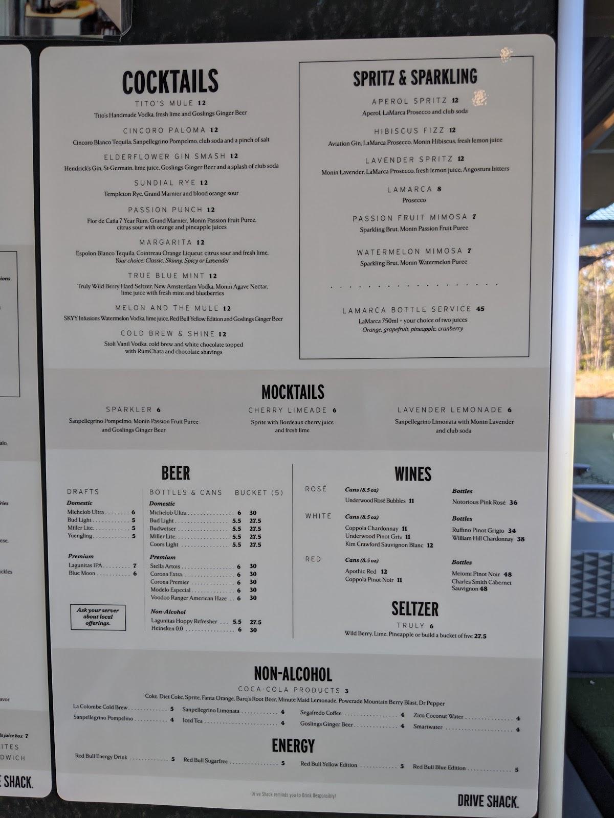 Menu at Drive Shack pub & bar, Raleigh