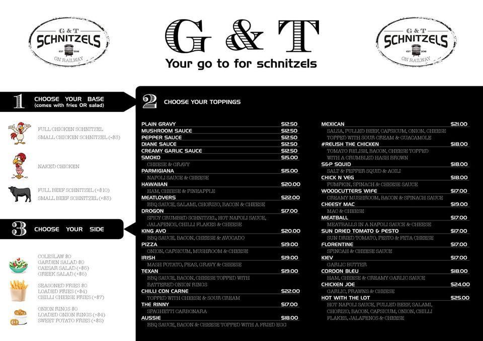 Menu at G & T Schnitzel Bar, Merbein, 89 Game St