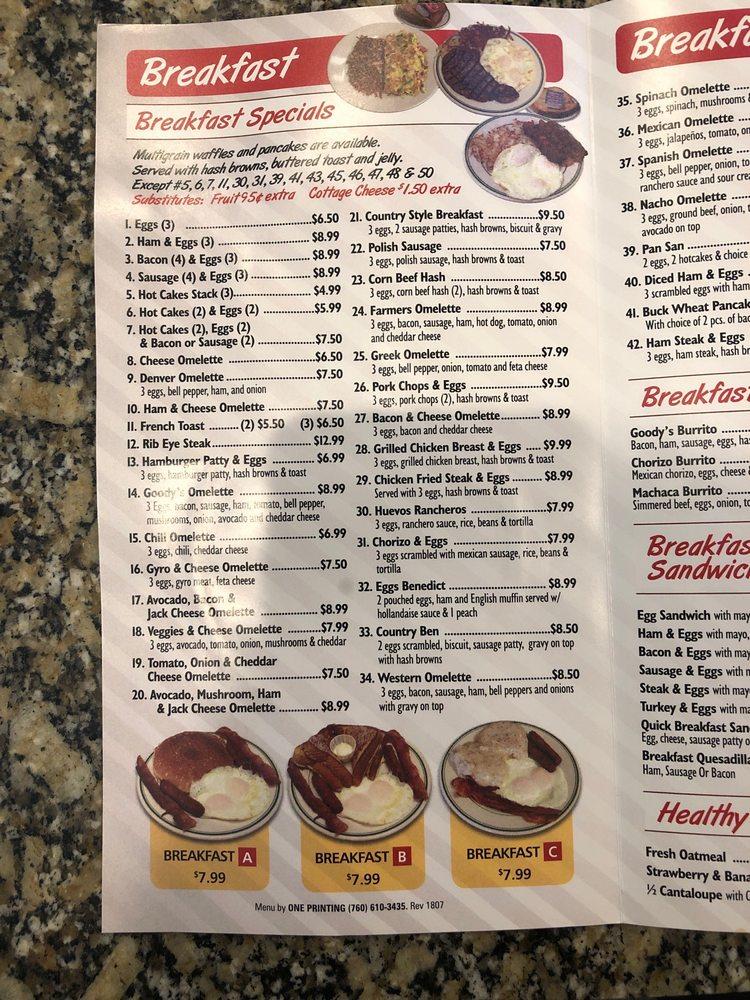 Menu at Goody's Cafe Palm Desert, Palm Desert, Washington St
