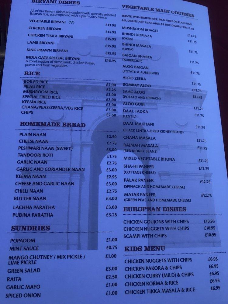 Menu at India Gate restaurant, Belfast