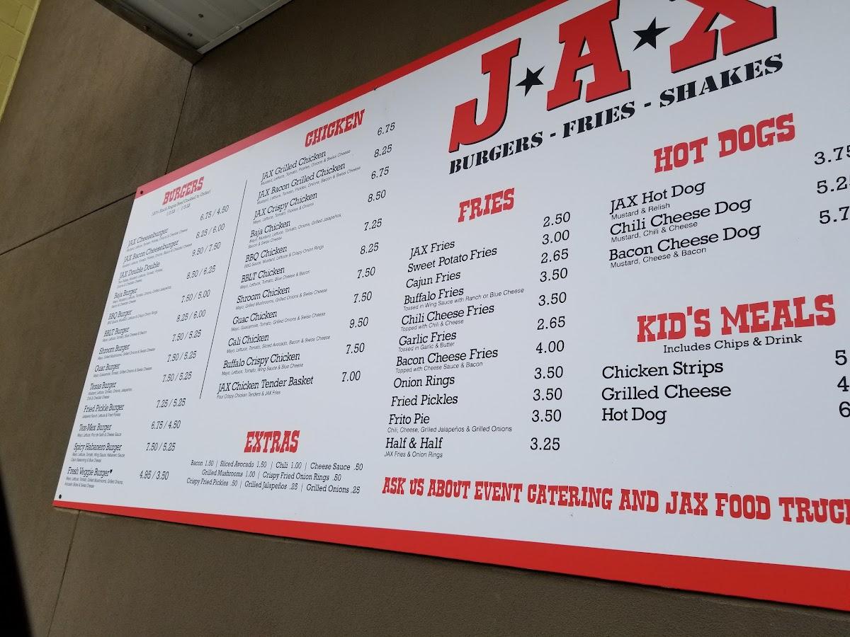 Menu at Jax Burgers Fries & Shakes restaurant, Pearland, Shadow Creek Pkwy