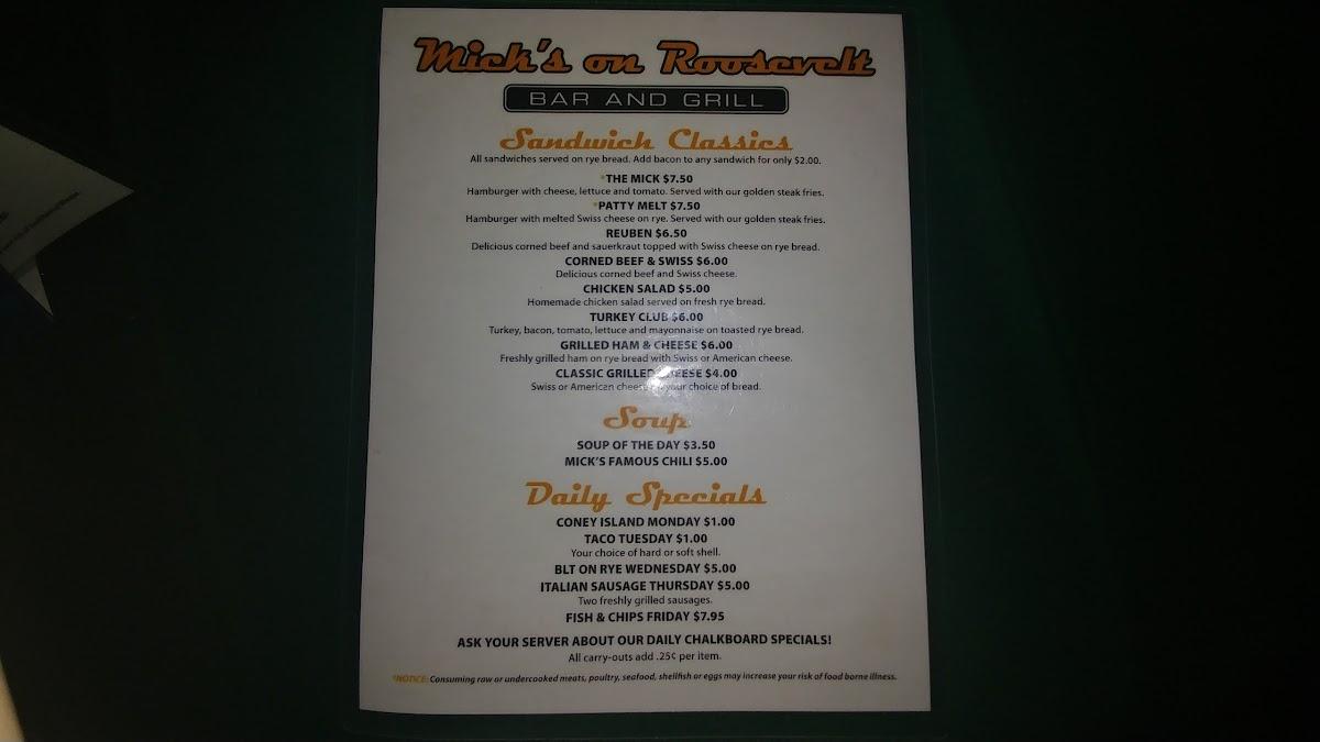 Menu at Mick's On Roosevelt pub & bar, Allen Park