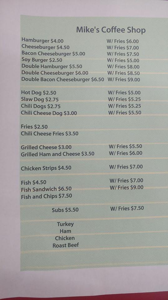 Menu at Mikes Coffee Shop, Ray City