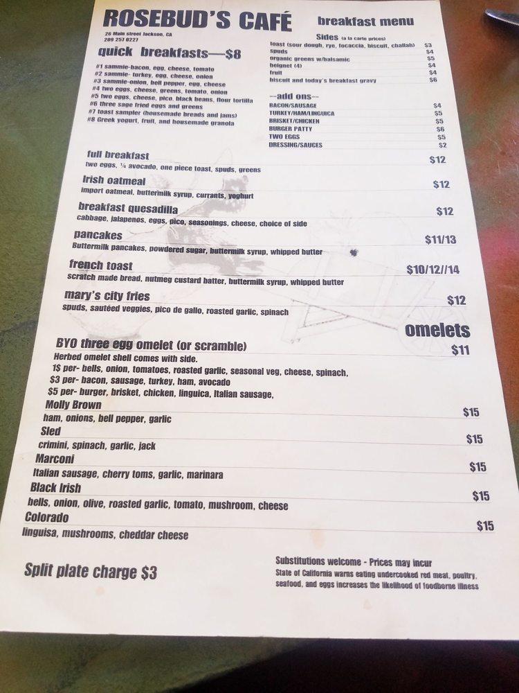 Menu at Rosebud's Cafe, Jackson