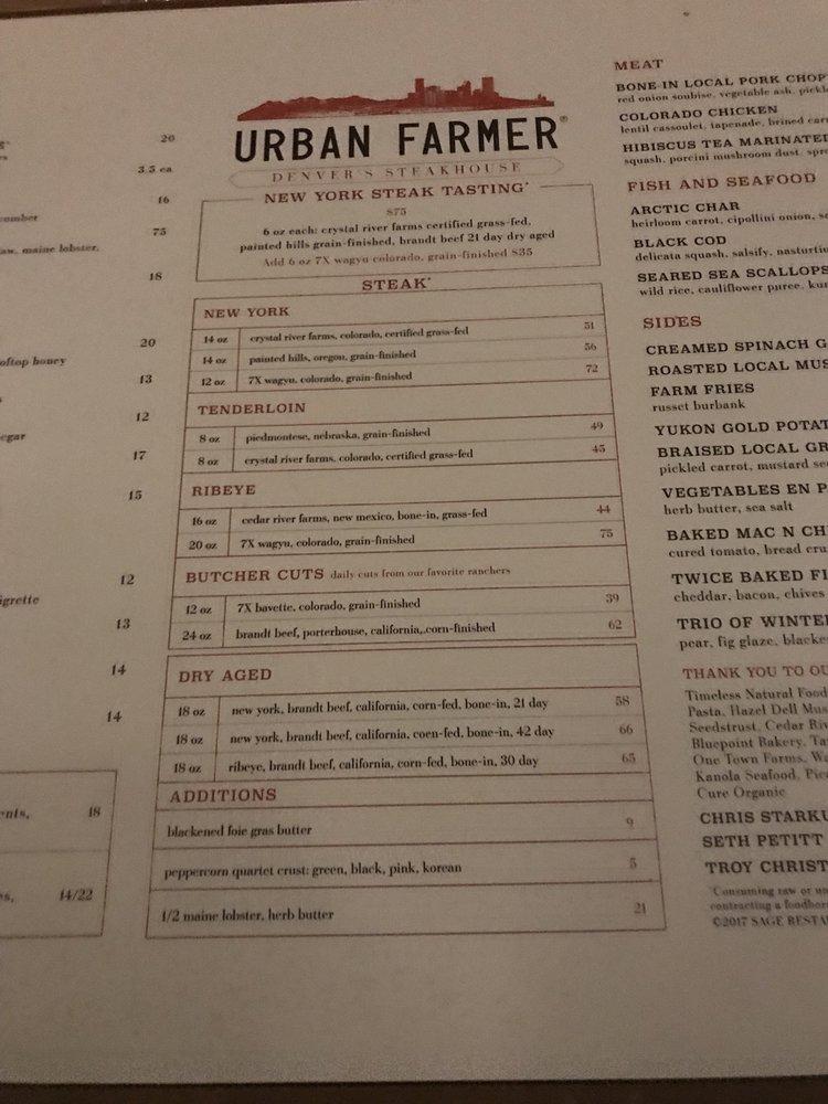 Menu at Urban Farmer Denver steakhouse, Denver, Wazee St