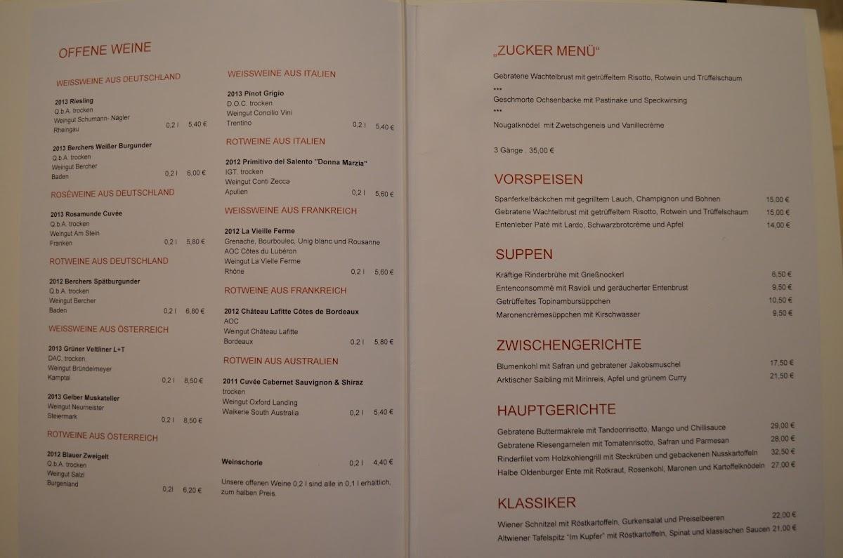 Speisekarte von Zucker restaurant, Braunschweig, Frankfurter Strasse 2